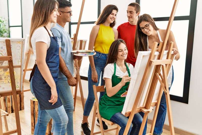 Group of People Smiling Happy and Looking Draw of Partner at Art Studio ...
