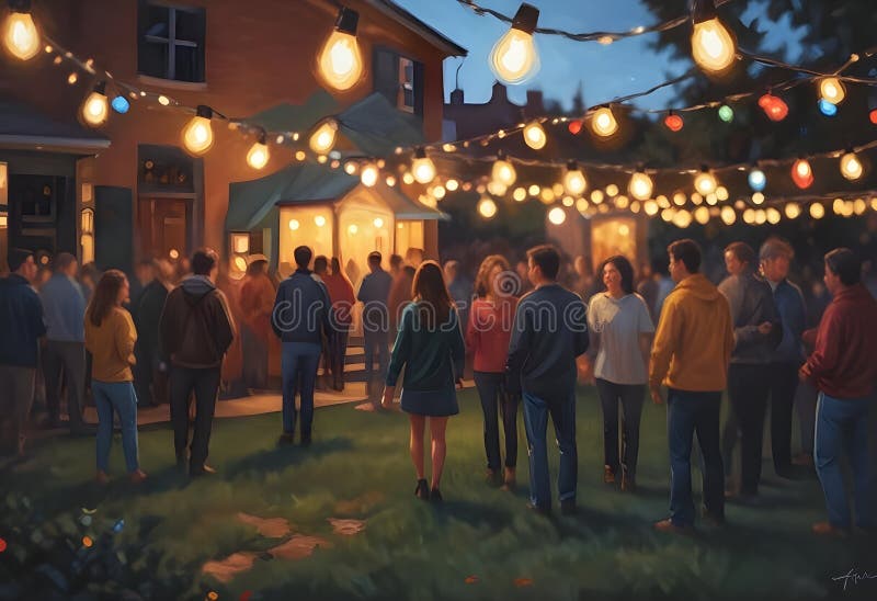 Group of People Socializing at a Backyard Party in the Evening, with ...