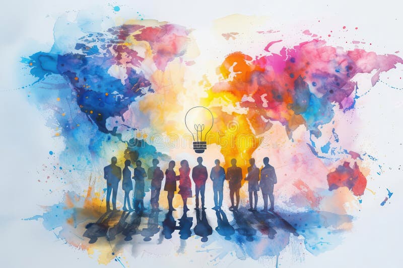 A Group of People Stand in Front of a Colorful World Map with a Light ...