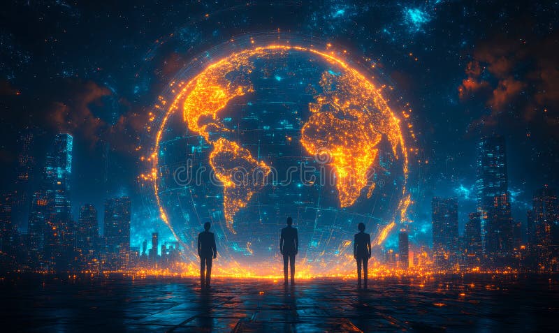 A Group of People Stand in Front of a Glowing Globe Stock Photo - Image ...