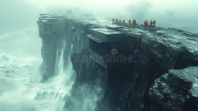 A Group of People Stand on a Rocky Cliff Overlooking a Raging Sea with ...