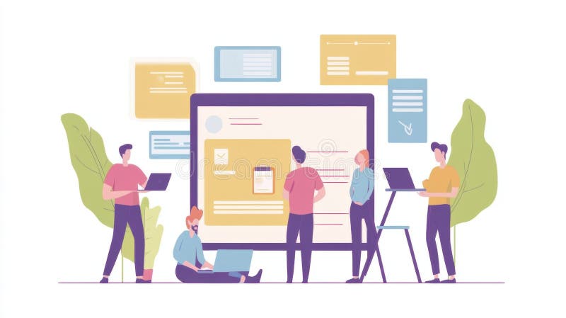 A Group of People Standing Around a Big Screen Stock Illustration ...