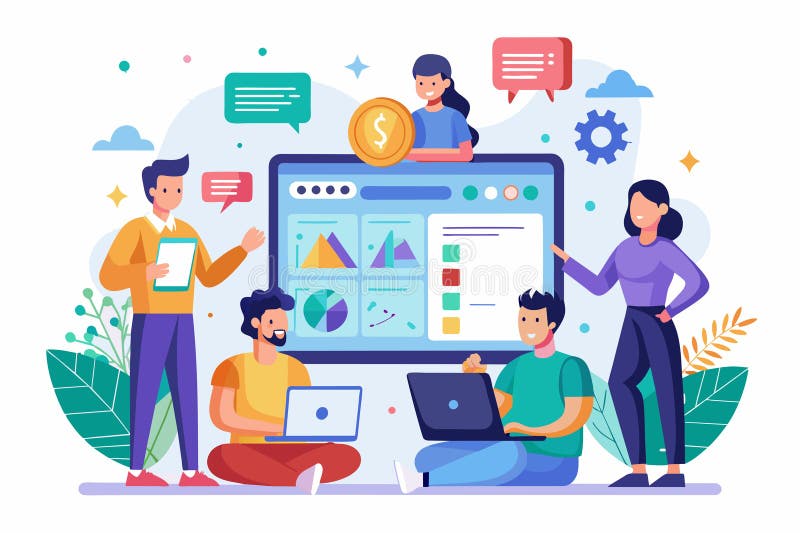 A Group of People Standing Around a Computer Screen, Reviewing and ...