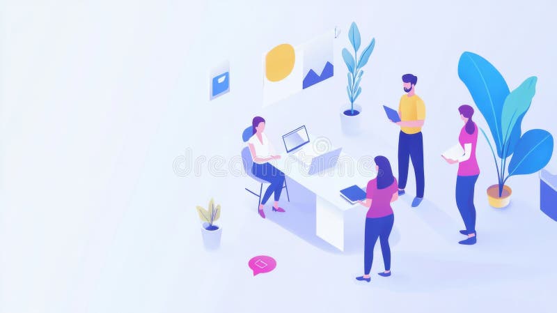 A Group of People Standing Around a Desk Stock Illustration ...