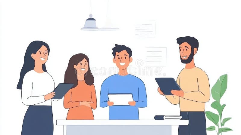 A Group of People Standing Around a Desk Stock Illustration ...
