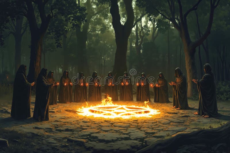A Group of People Standing Around a Fire in the Middle of a Forest ...