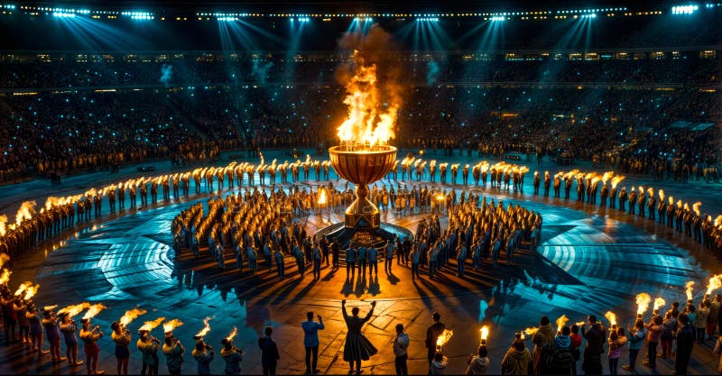 Group of People Standing Around Fire Pit on Top of Stage. AI Stock ...