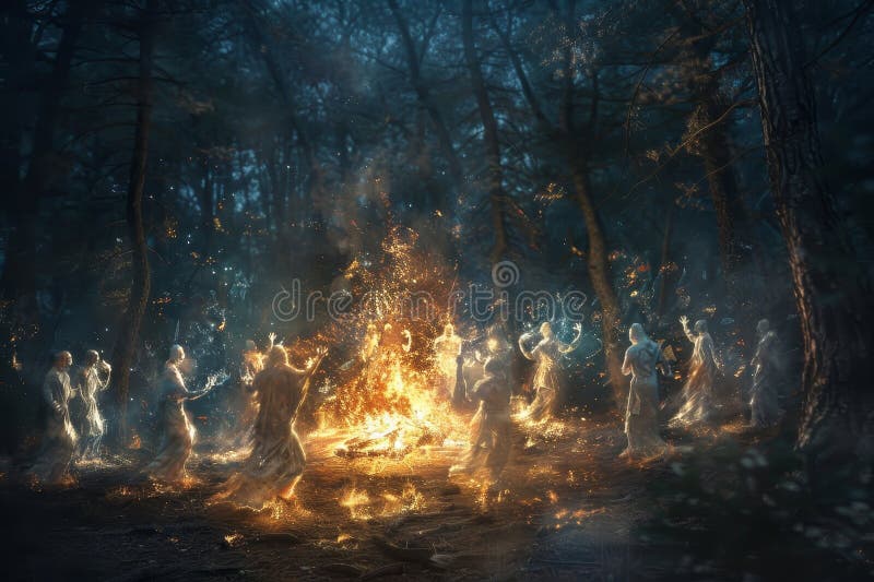 A Group of People Standing Around a Fire in the Woods, with Ghostly ...