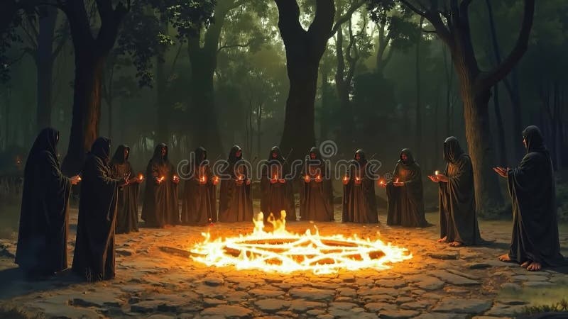 A Group of People Standing Around a Fire in the Woods Stock Video ...