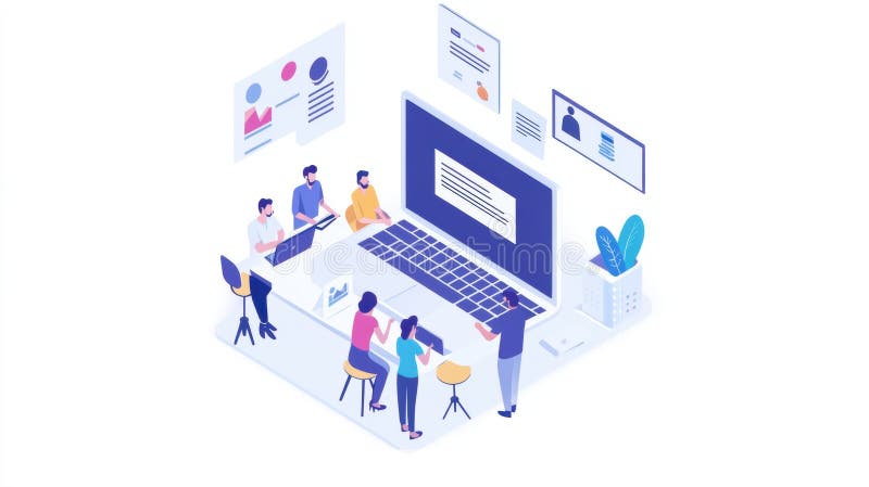 A Group of People Standing Around a Laptop Stock Illustration ...