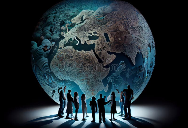 A Group of People Standing Around a Large Globe with a Map of the World ...
