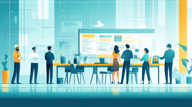 A Group of People Standing Around a Table Stock Illustration ...