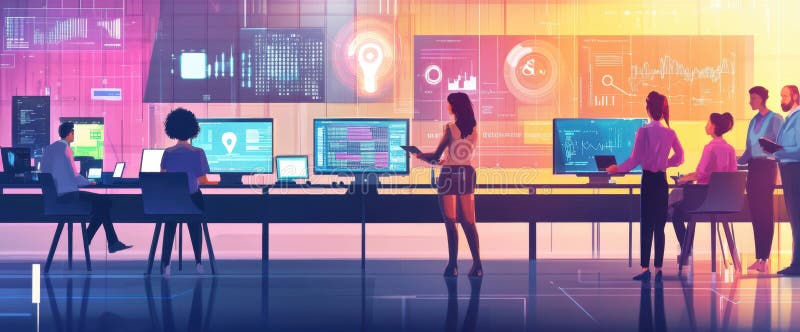 A Group of People Standing Around a Table with Computers Stock ...