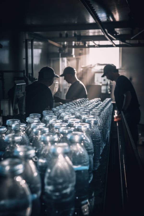 A Group of People Standing Around a Table Filled with Water Bottles. AI ...