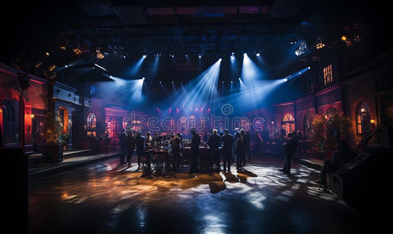 Group of People Standing Around Table on Stage Stock Image - Image of ...