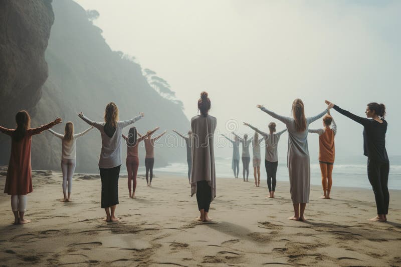 A Group of People Standing on Beach Sand with Their Hands Up ...
