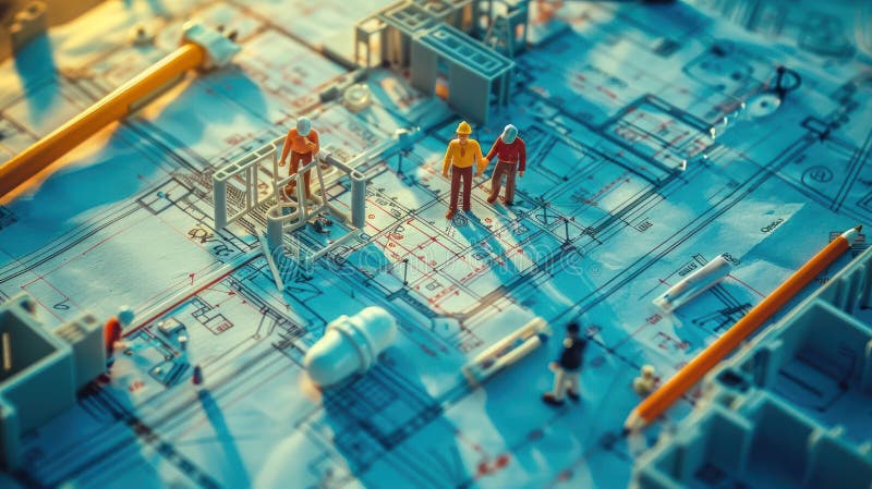 A Group of People are Standing on a Blue Drawing of a Building Stock ...