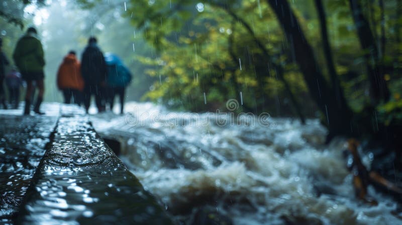 A Group of People Standing on a Bridge Watching the Raging Waters of a ...