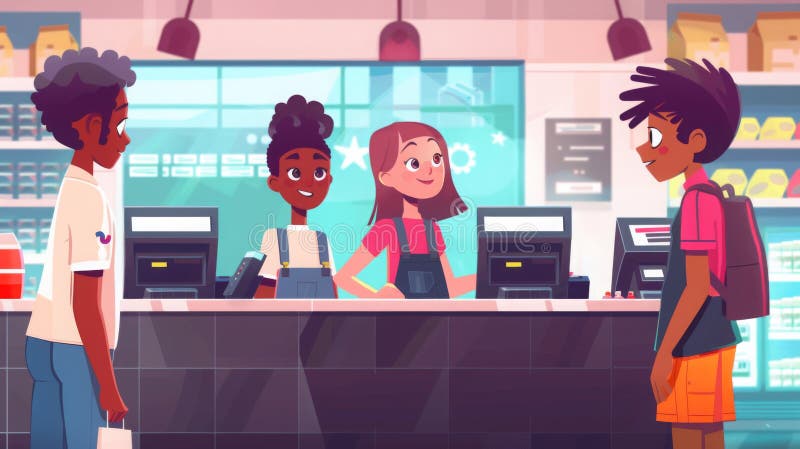 Group of People Standing at Counter Stock Illustration - Illustration ...