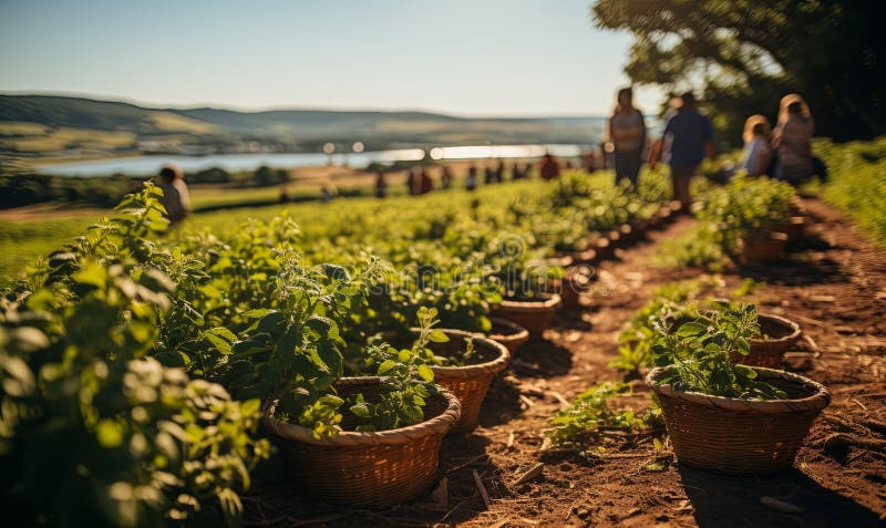 Group of People Standing in Field by Plants Stock Photo - Image of ...