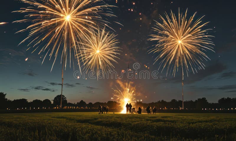 A Group of People are Standing in a Field Watching a Fireworks Display ...