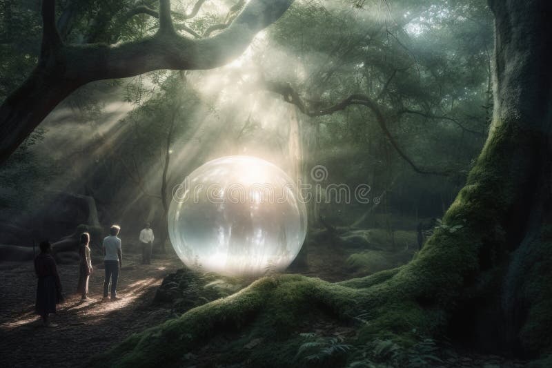A Group of People Standing in a Forest Next To a Giant Crystal Ball ...