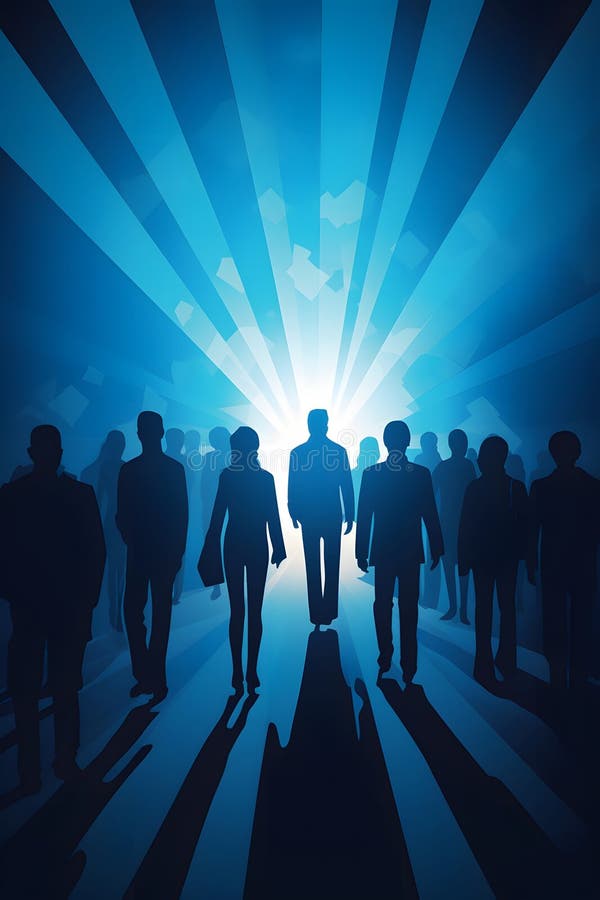 Group of People Standing in Front of Bright Blue Sunburst. Generative ...