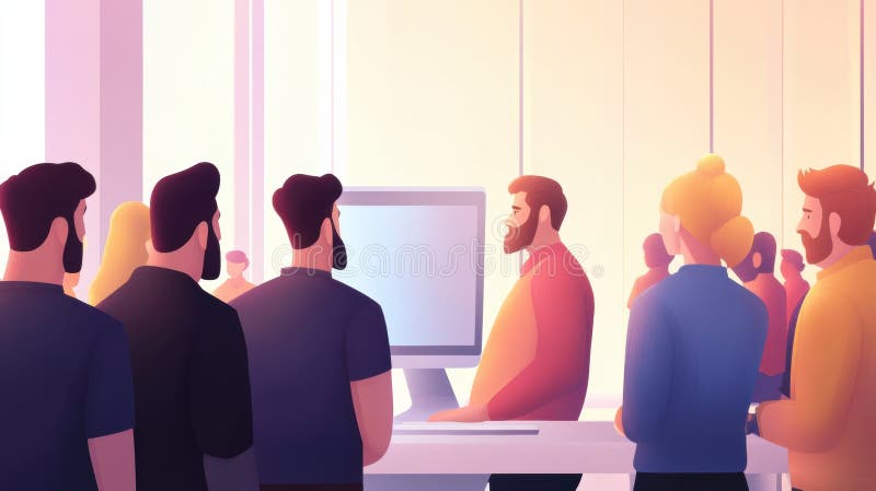 A Group of People Standing in Front of a Computer Screen, AI Stock ...