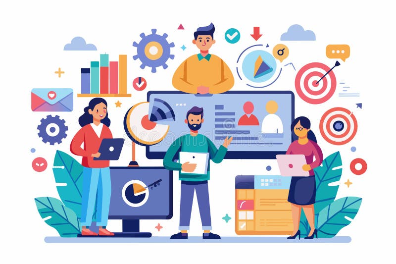 Group of People Standing in Front of a Computer Screen, Discussing ...