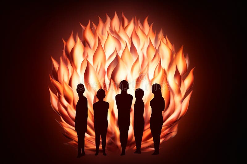 A Group of People Standing in Front of a Fire Stock Illustration ...