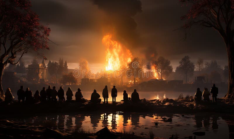 Group of People Standing in Front of Fire Stock Image - Image of ...