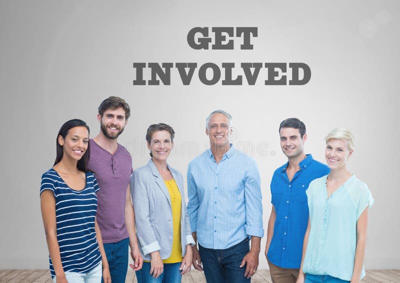 Group of People Standing in Front of Get Involved Graphics Stock Image ...