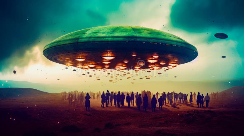 Group of People Standing in Front of Large Green Object in the Sky ...