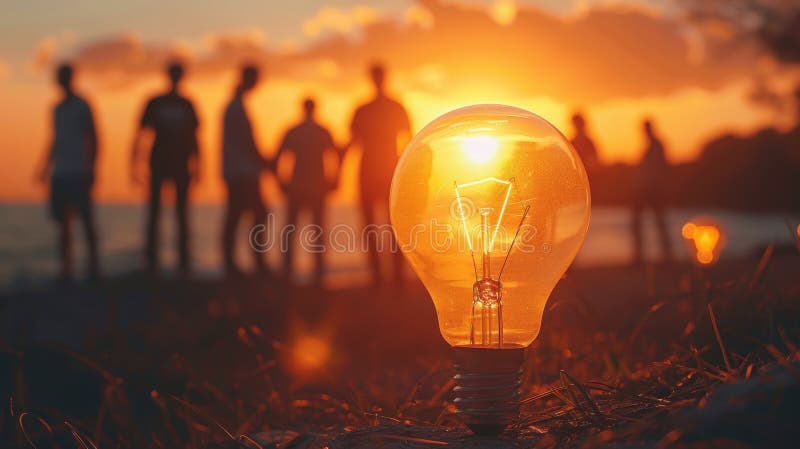 A Group of People Standing in Front of a Light Bulb, AI Stock Photo ...