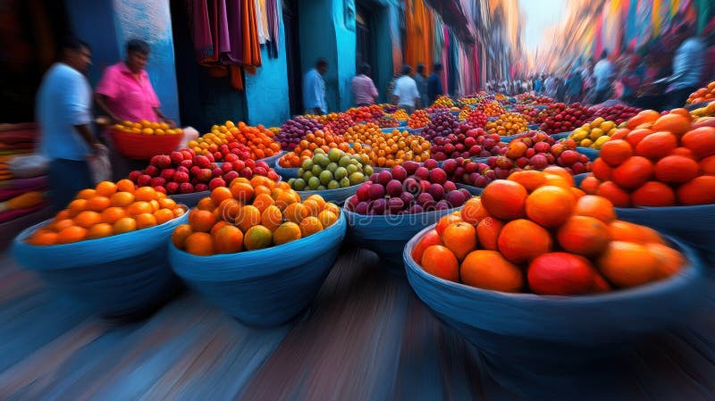 A Group of People Standing in Front of a Market with Bowls Full of ...