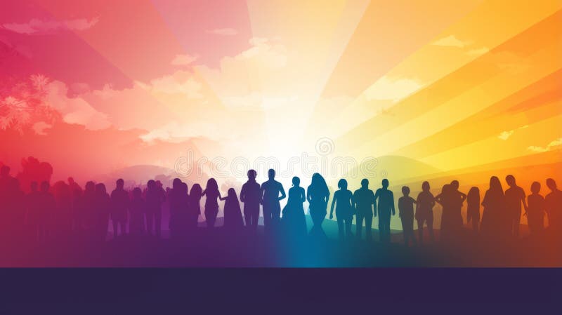 Group of People Standing in Front of a Rainbow Colored Sky Stock ...