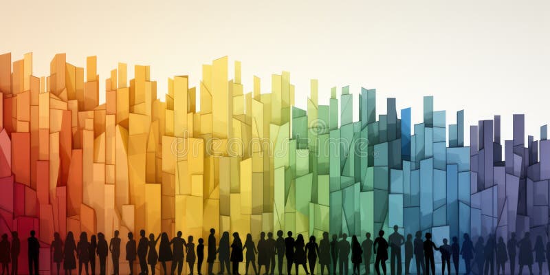 A Group of People Standing in Front of a Rainbow Colored Wall ...