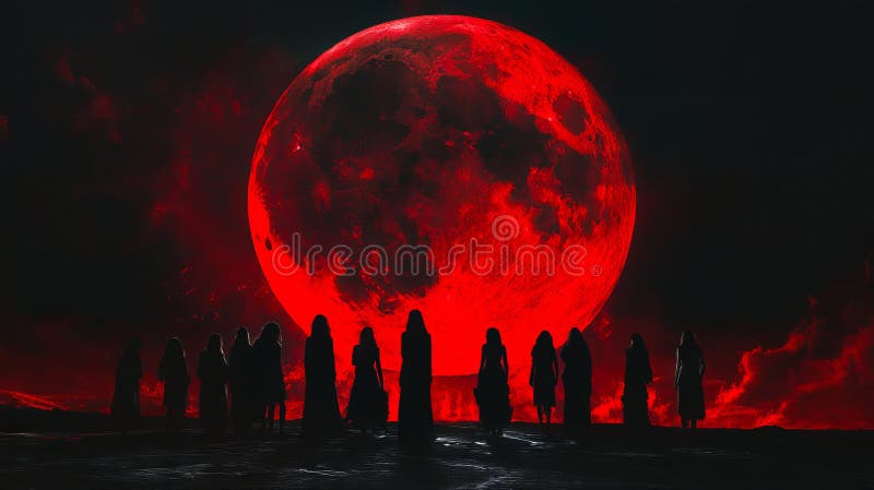 A Group of People Standing in Front of a Red Moon Stock Photo - Image ...