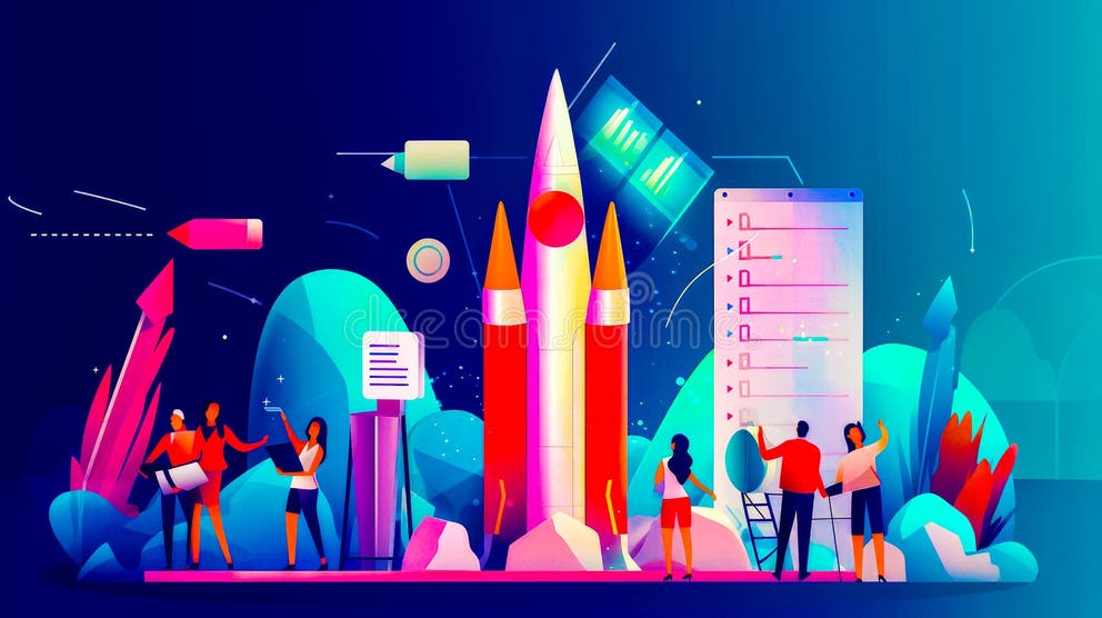 Group of People Standing in Front of Rocket with Checklist on it ...