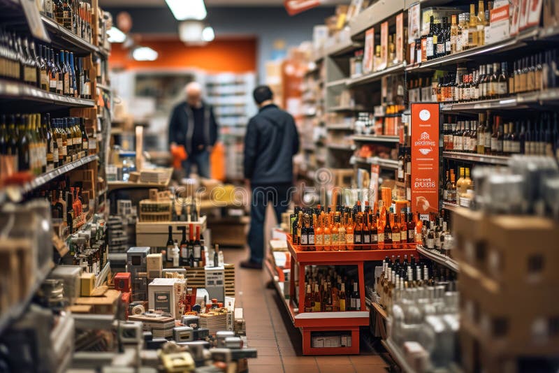 A Group of People Standing in Front of Shelves with Bottles in Alcohol ...