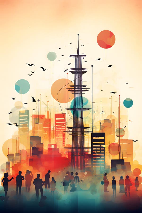 Group of People Standing in Front of Tall Building with Birds Flying ...