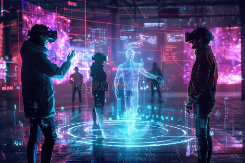 A Group of People Standing in Front of a Virtual Screen, Engrossed in ...