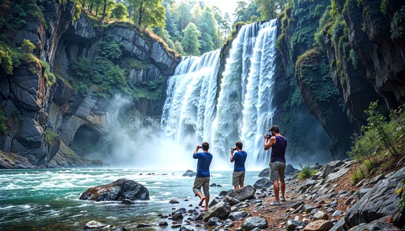 A Group of People Standing in Front of a Waterfall Stock Illustration ...