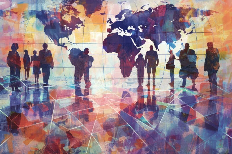 Group of People Standing in Front of World Map, an Artistic Depiction ...
