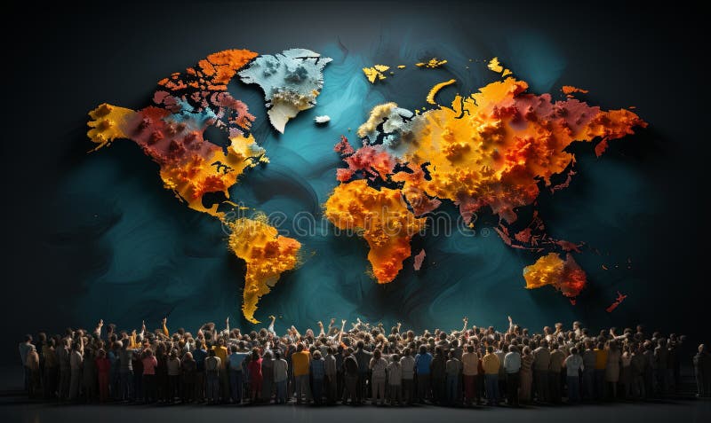 Group of People Standing in Front of World Map Stock Image - Image of ...