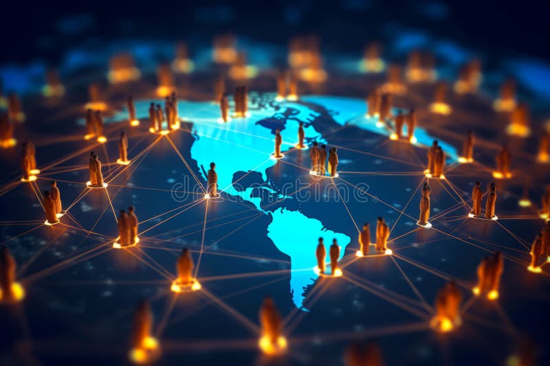 Group of People Standing in Front of World Map with Glowing Lights ...