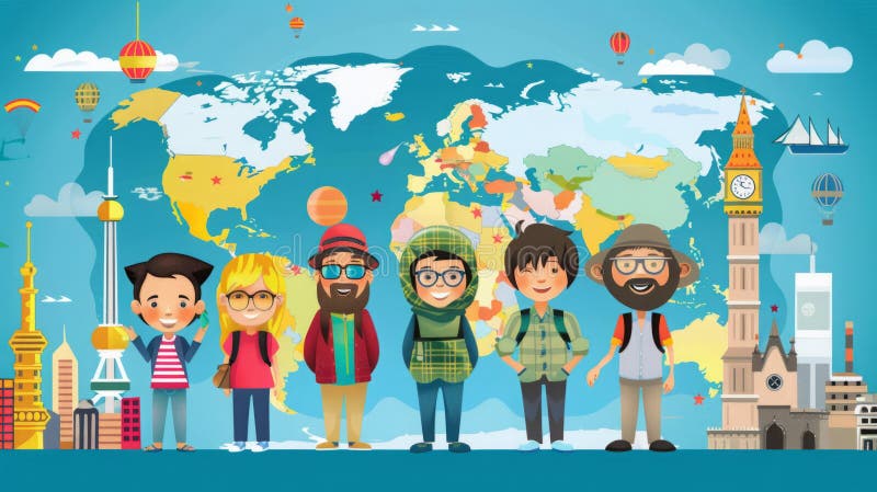 Group of People Standing in Front of World Map Stock Image - Image of ...