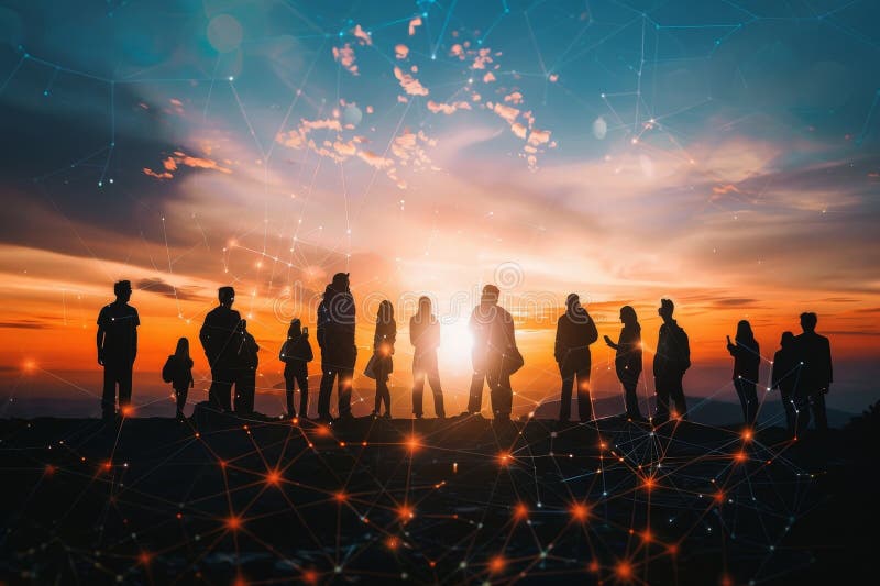 A Group of People are Standing on a Hillside at Sunset Stock ...