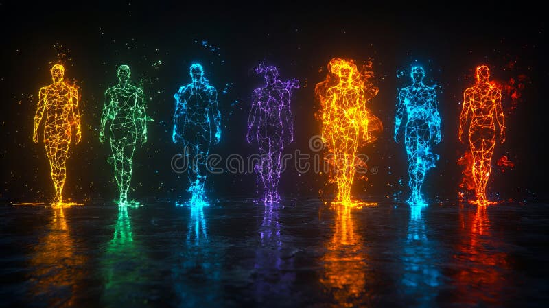 A Group of People Standing in a Line with Colorful Lights Stock Photo ...