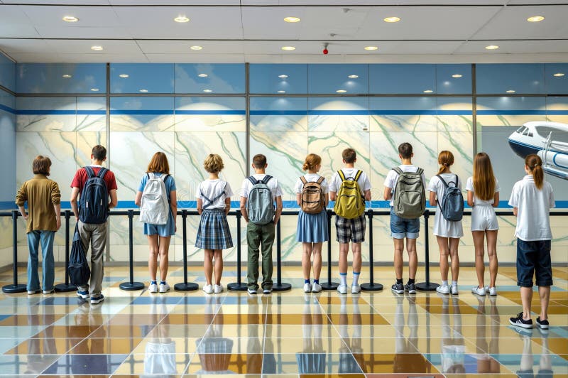 A Group of People Standing in Line in Front of a Wall with a Map Stock ...